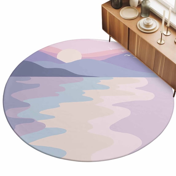 Abstract Ocean Area Rugs 4' (Round) Purple Mountain Sun at Sunset Floor ...