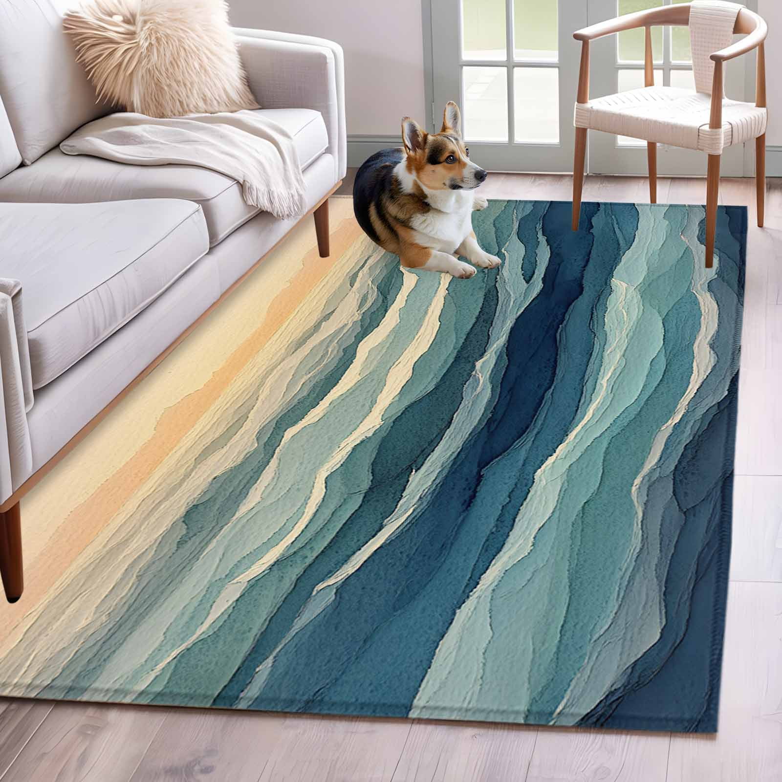 Abstract Ocean Area Rugs 4x6 ft Dark Blue Ripple Sunset Minimalist Art ...