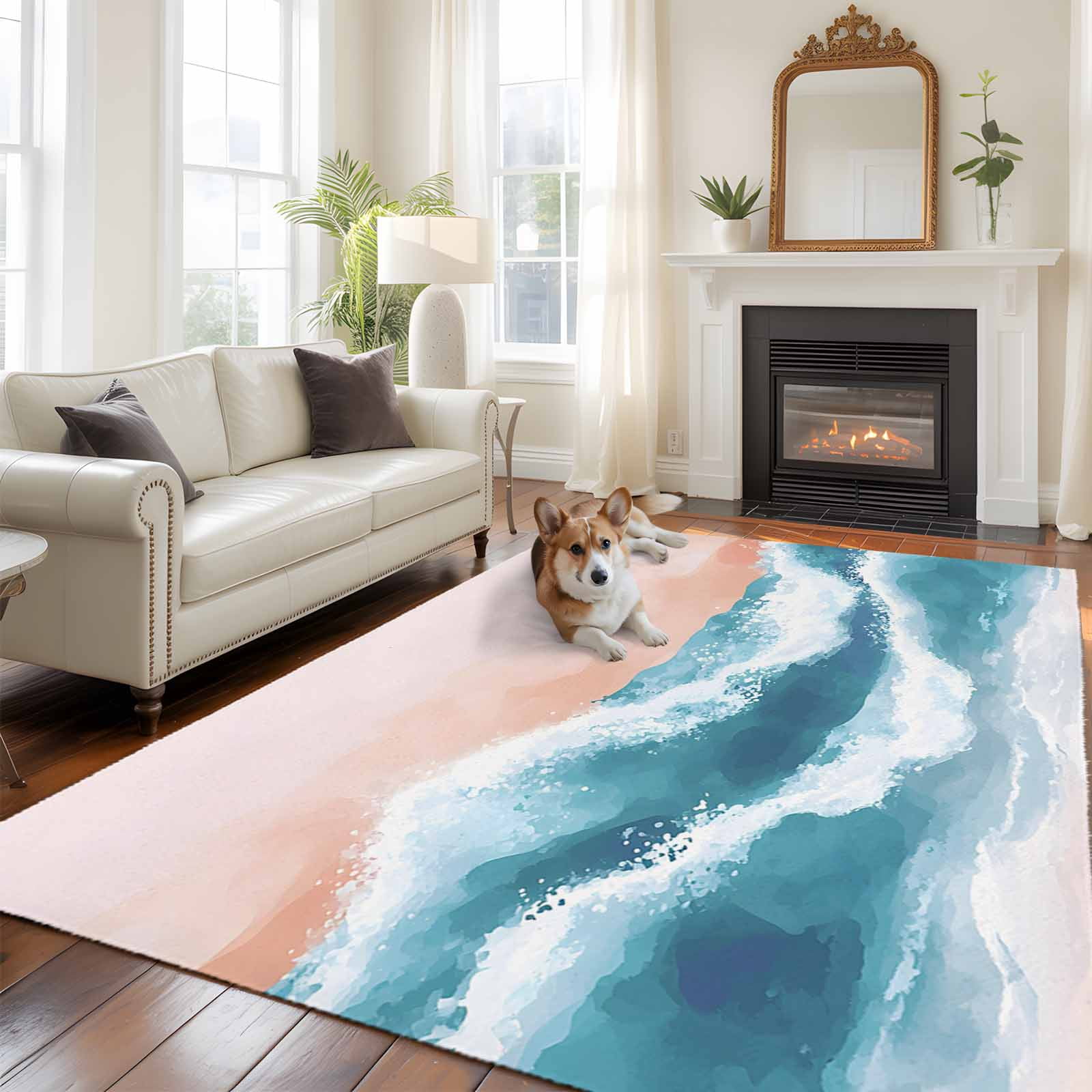 Abstract Ocean Area Rugs 5x7 ft Wave Teal Orange Ombre Modern Art ...