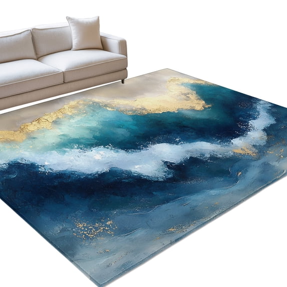 Abstract Ocean Area Rugs 5x8ft Blue Gold Oil Painting Impressionist ...