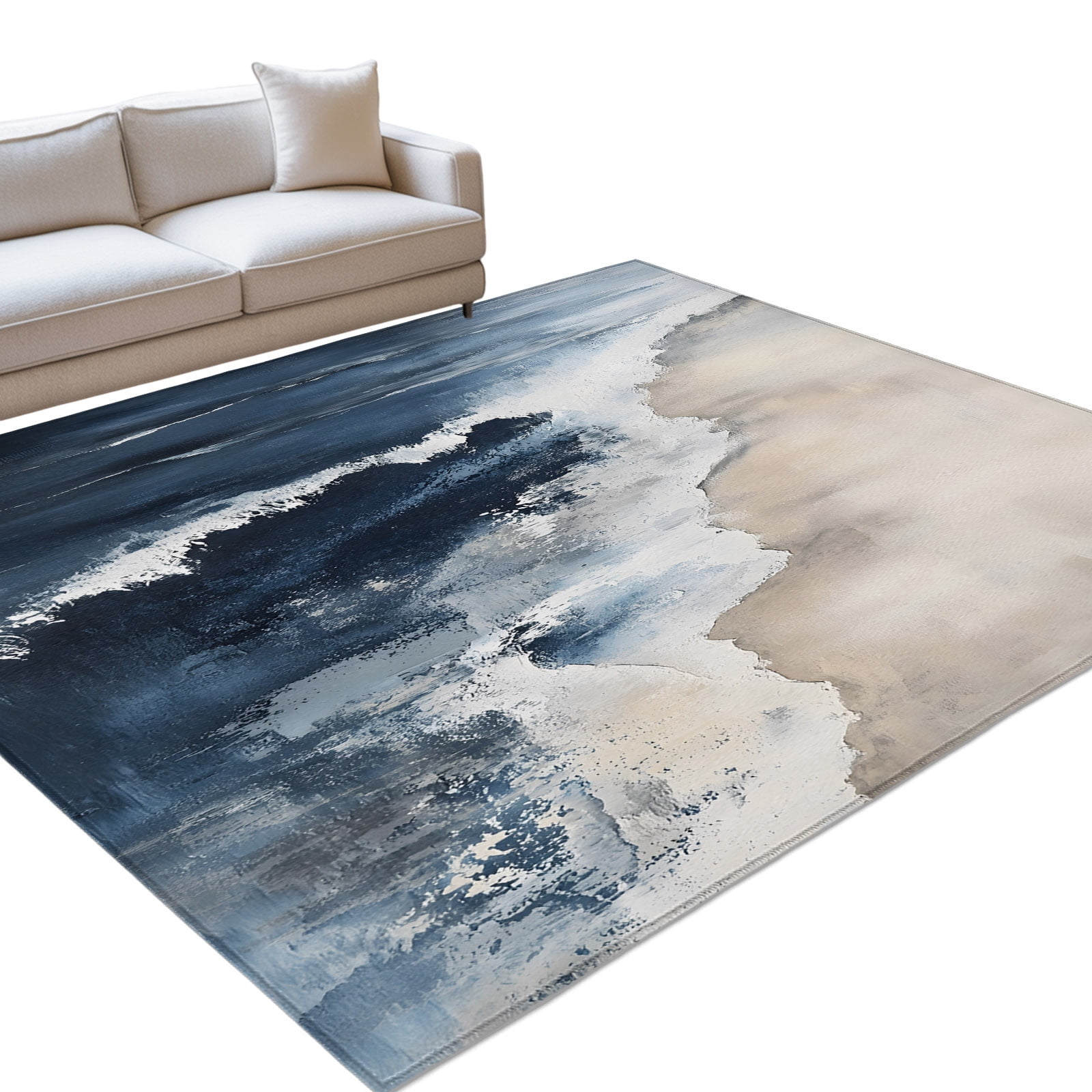 Abstract Ocean Area Rugs 5x8ft Wave Beach Blue Beige Watercolor Coastal ...
