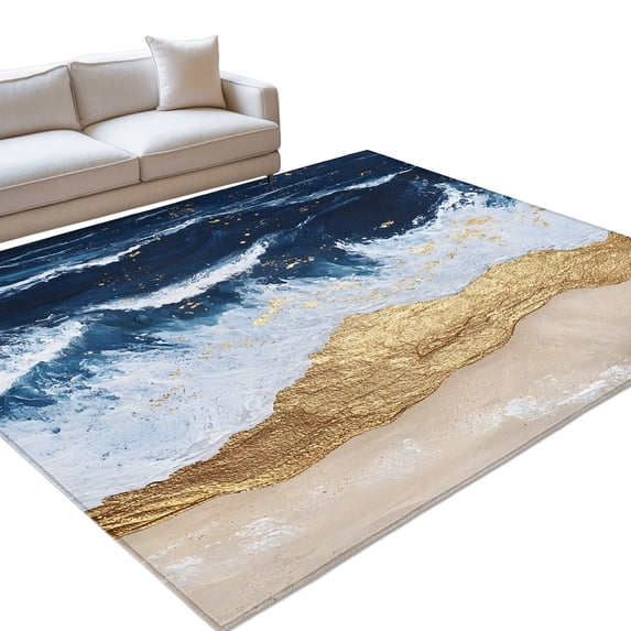 Abstract Ocean Area Rugs 6x9ft Wave Texture Blue Gold White Gradient ...