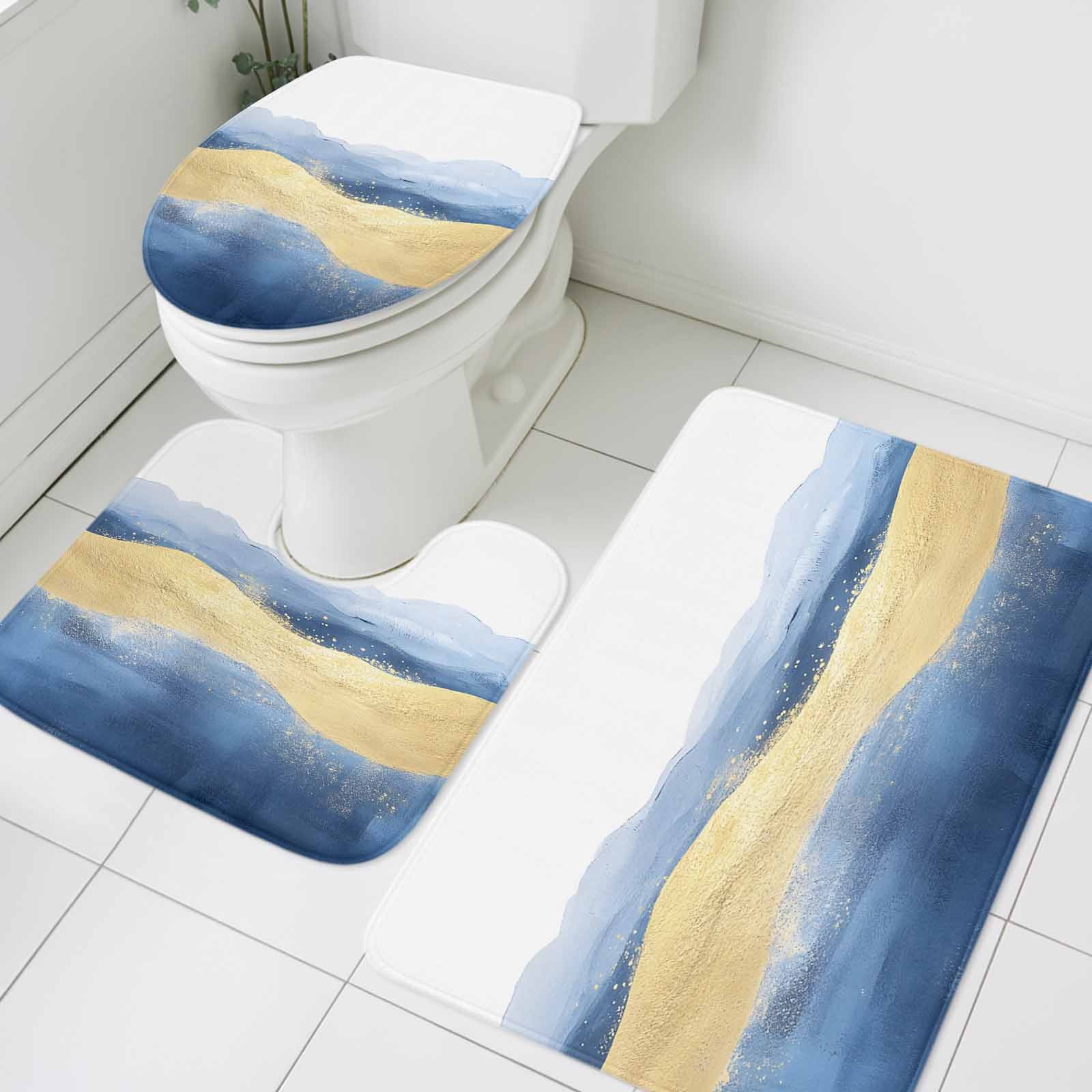 Abstract Ocean Bathroom Rugs Set Gradient Light Blue Gold Waves Non ...