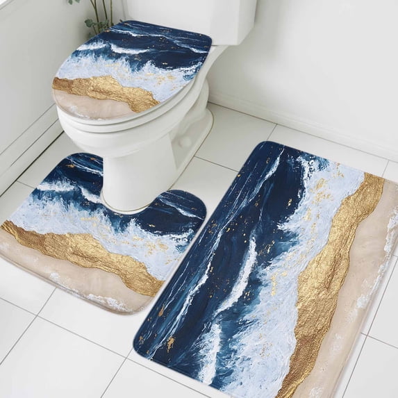Abstract Ocean Bathroom Rugs Set Wave Texture Blue Gold White Gradient ...
