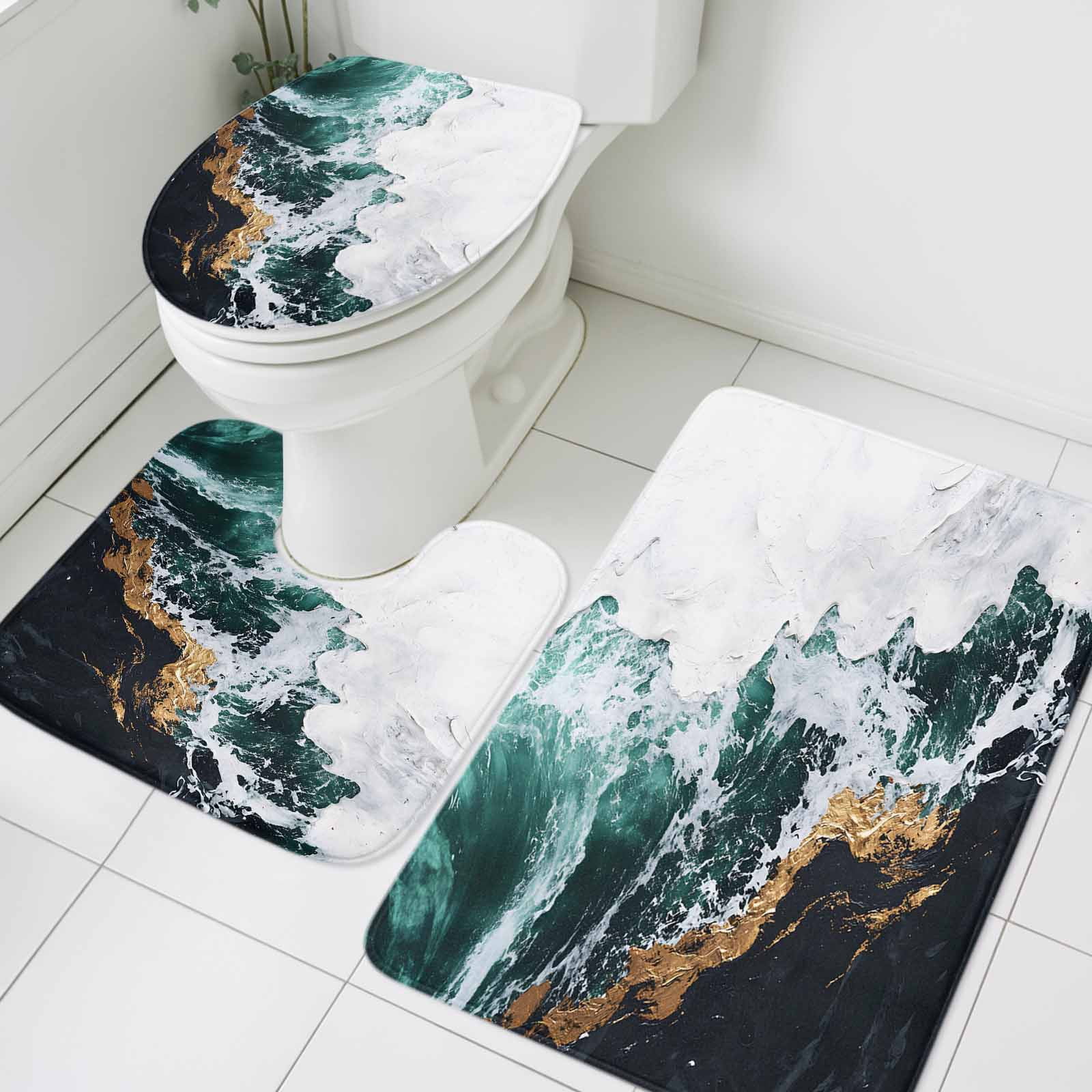 Abstract Ocean Bathroom Rugs Set Wave Texture Green White Gold Modern ...
