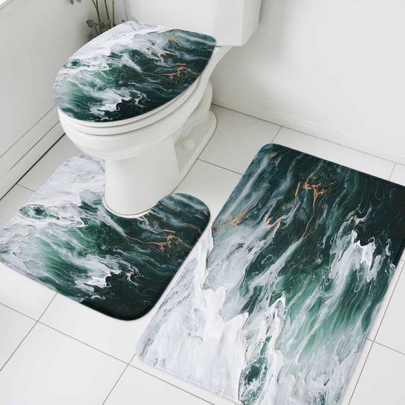 Abstract Ocean Bathroom Rugs Set Wave Texture Green White Ombre Modern ...