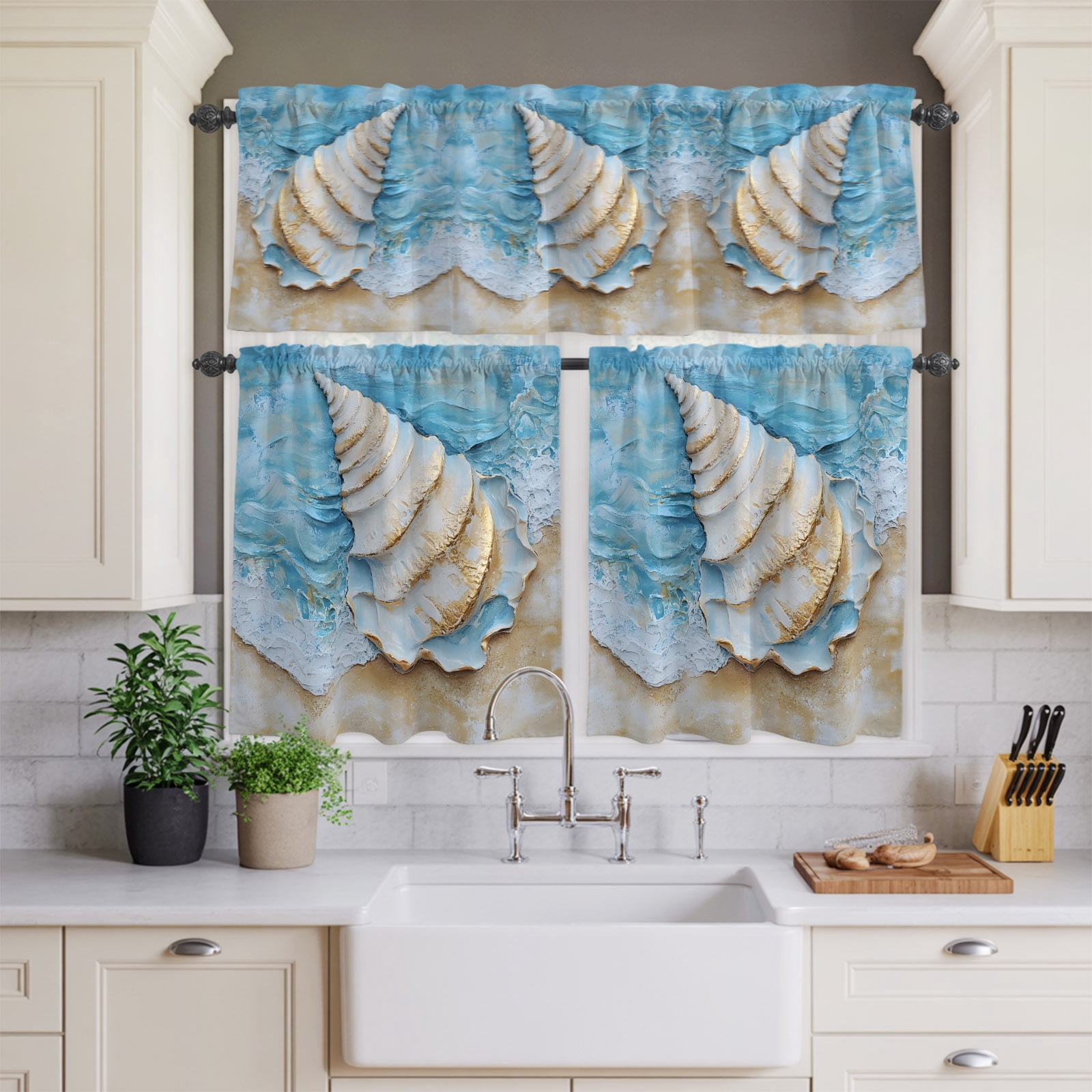 Abstract Ocean Beach Conch Curtain Tier and Valance Set 3 Piece,Coastal ...