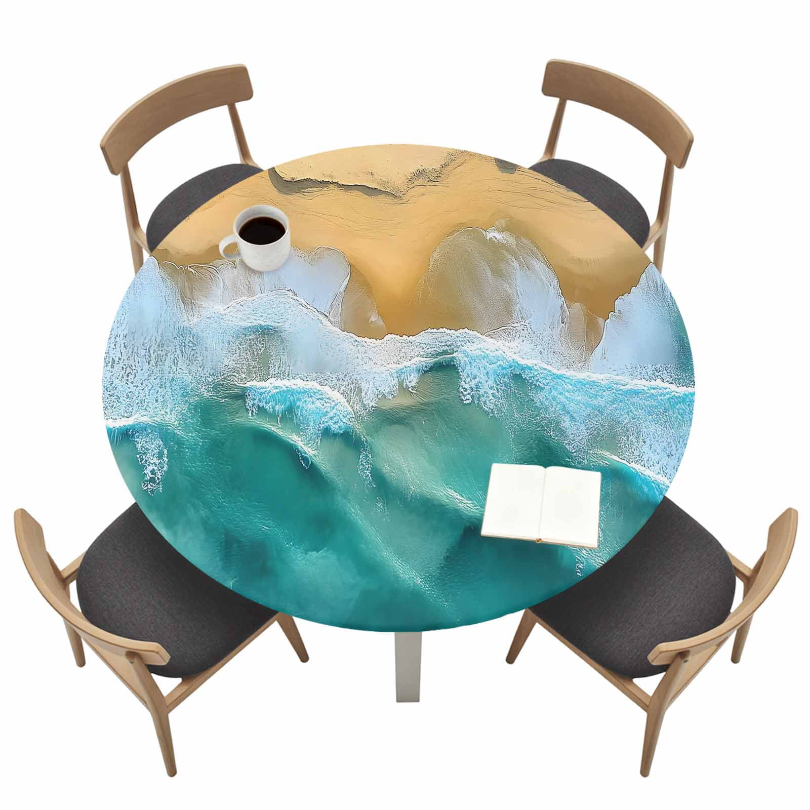 Abstract Ocean Beach Round Fitted Tablecloth with Elastic Edge Blue Sea ...