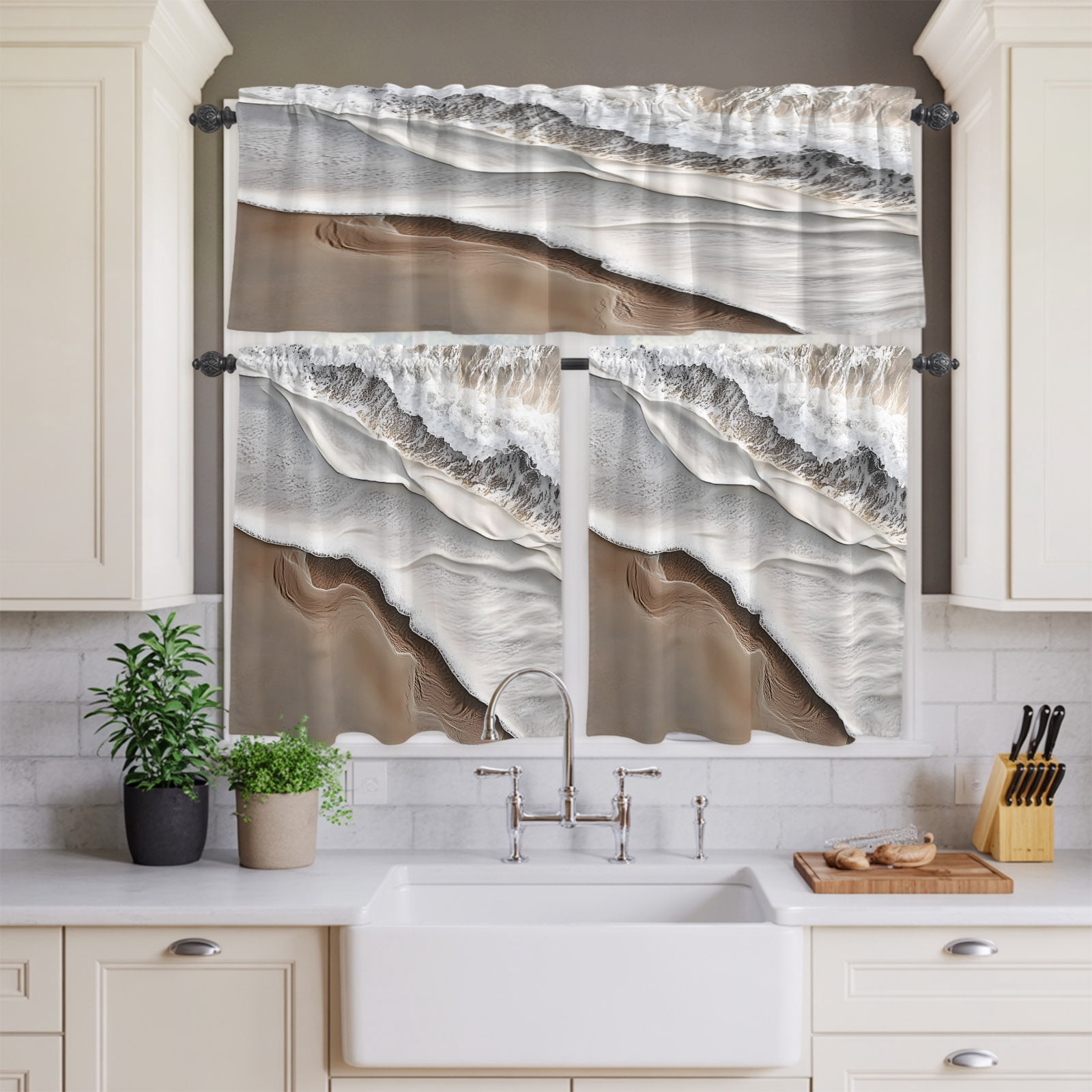 Abstract Ocean Beach Wave Curtain Tier and Valance Set 3 Piece,Beige ...
