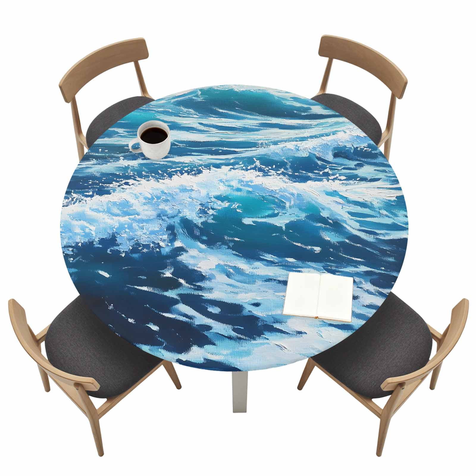 Abstract Ocean Beach Wave Round Fitted Tablecloth with Elastic Edge ...