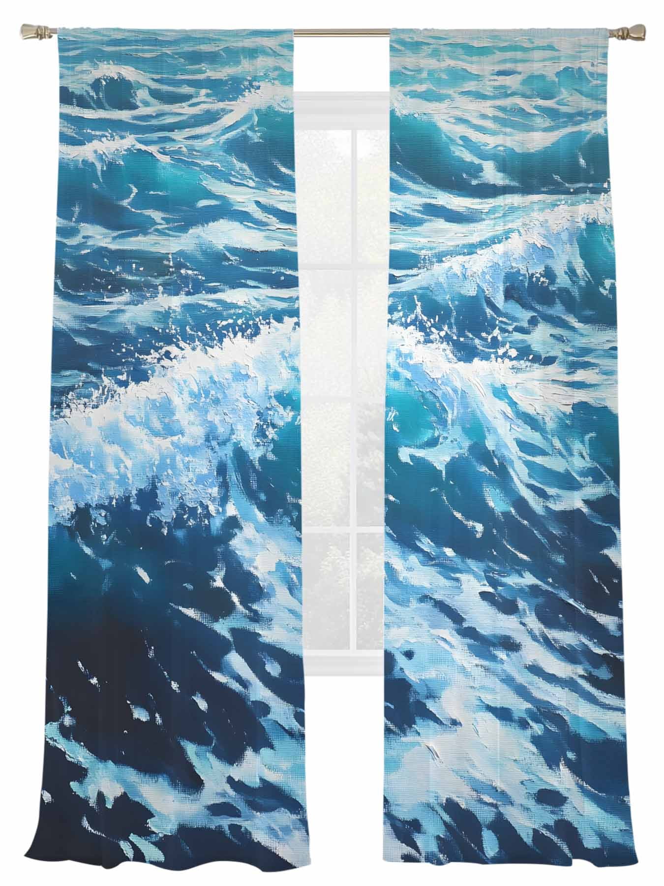 Abstract Ocean Beach Wave Sheer Curtains 96 Inch Long 2 Panels, Modern ...