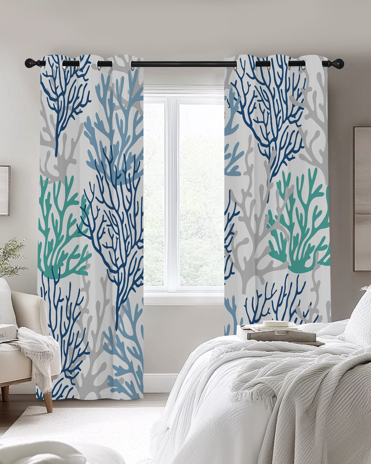 Abstract Ocean Blackout Curtains 2 Panels, Summer Coral Pattern Blue ...