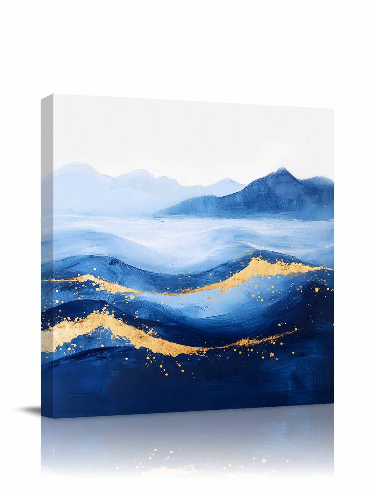 Abstract Ocean Canvas Wall Art, Gradient Blue White Gold Waves Framed ...