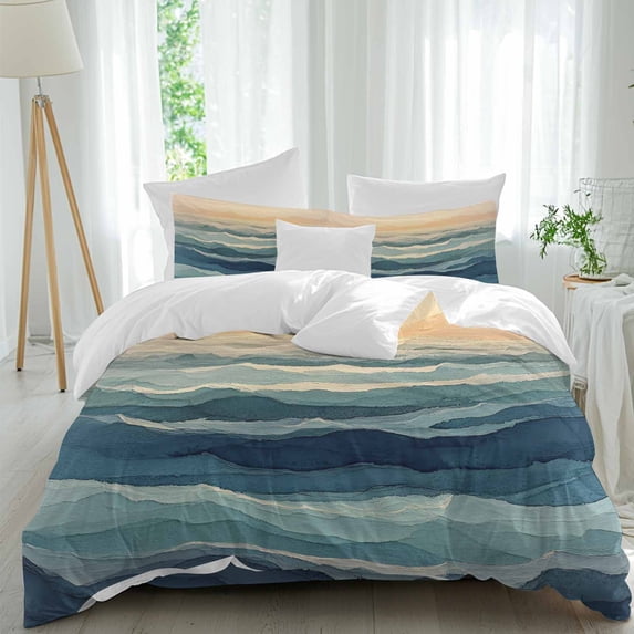 Abstract Ocean Comforter Set Twin Size, Dark Blue Ripple Sunset ...