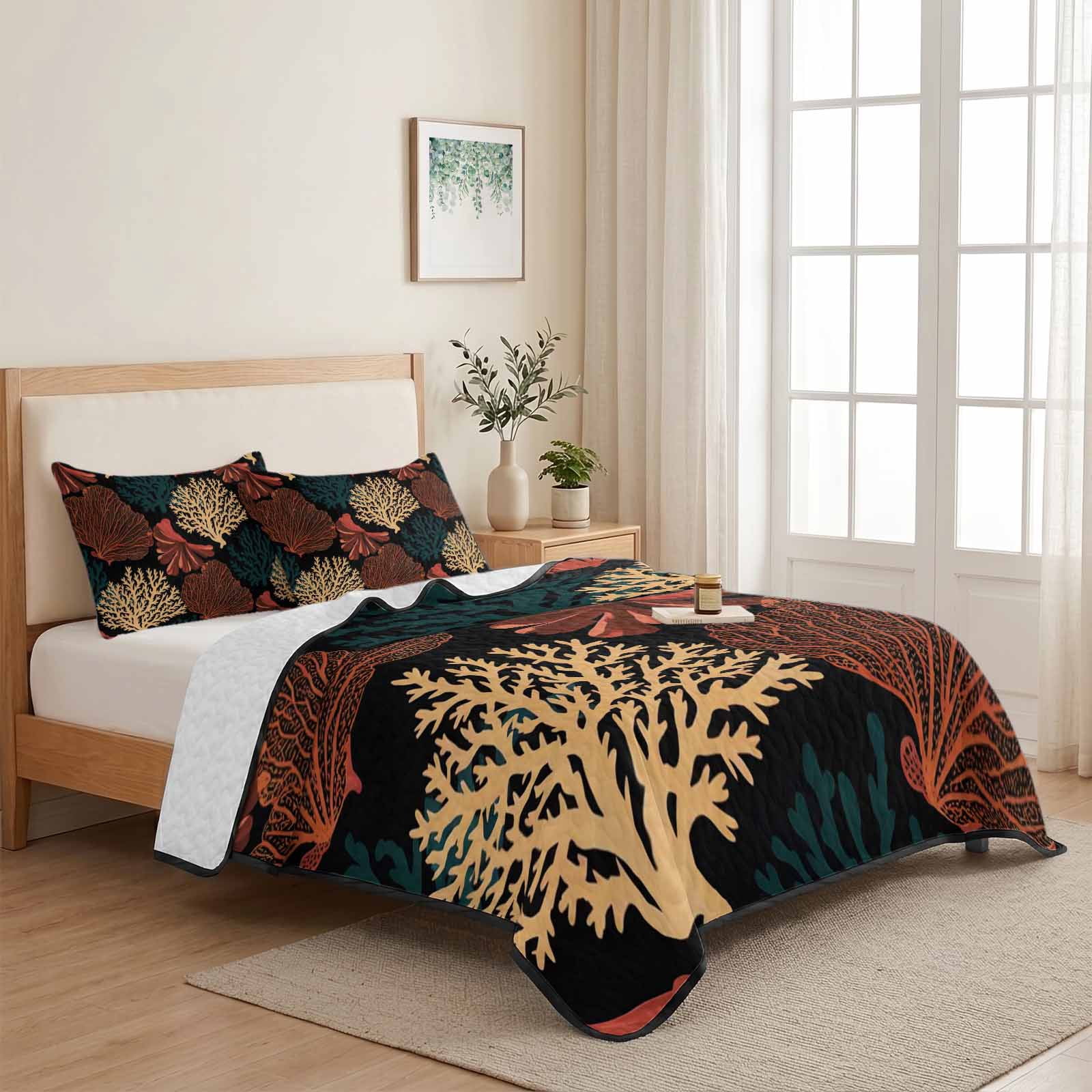 Abstract Ocean Coral on Black 3 Pieces Quilt Set,1 Quilt with 2 Shams ...