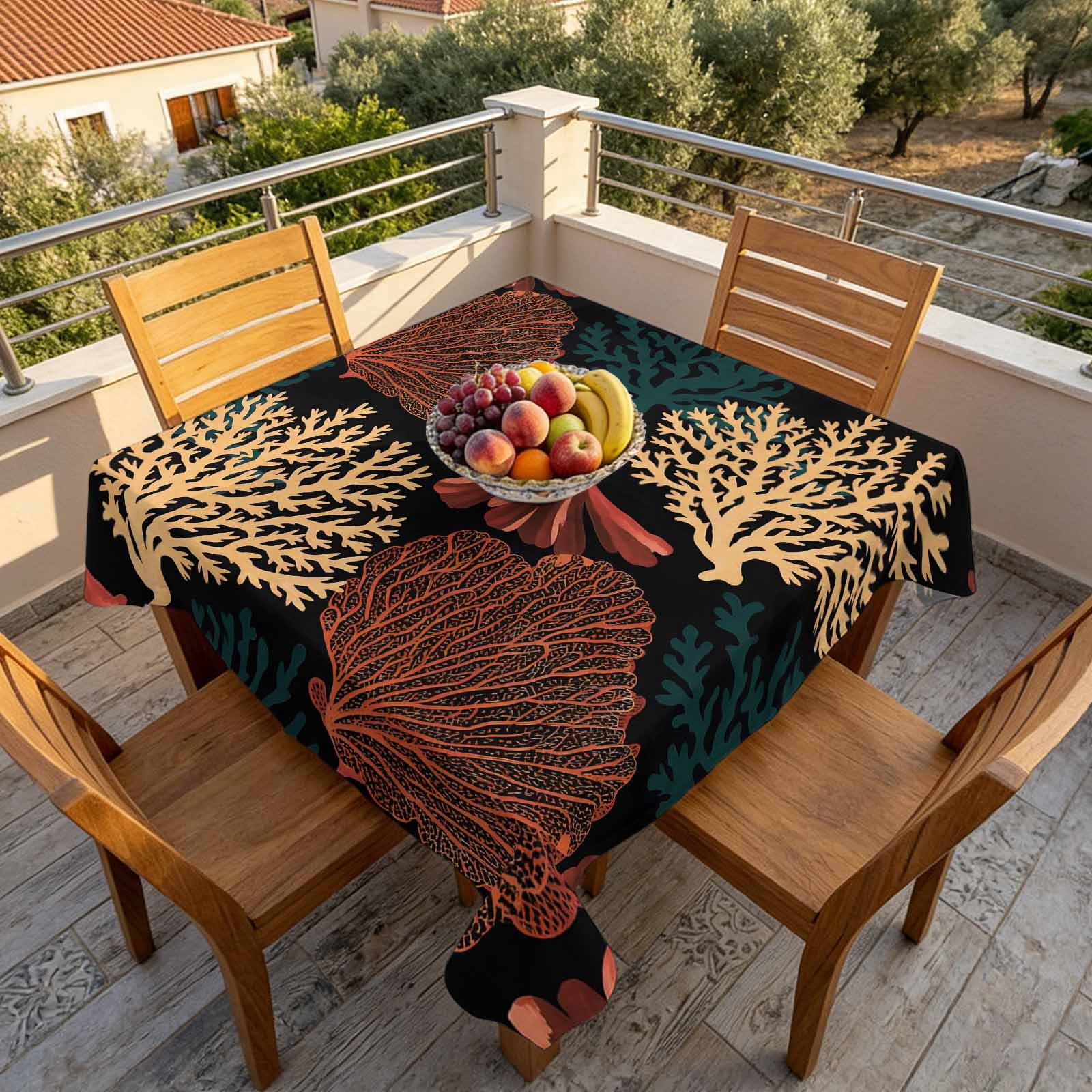 Abstract Ocean Coral on Black Table Cloth 60x60in, Waterproof Square ...