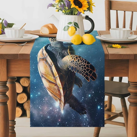 Abstract Ocean Dining Table Runner, Sea Turtle in Starry Night Washable ...