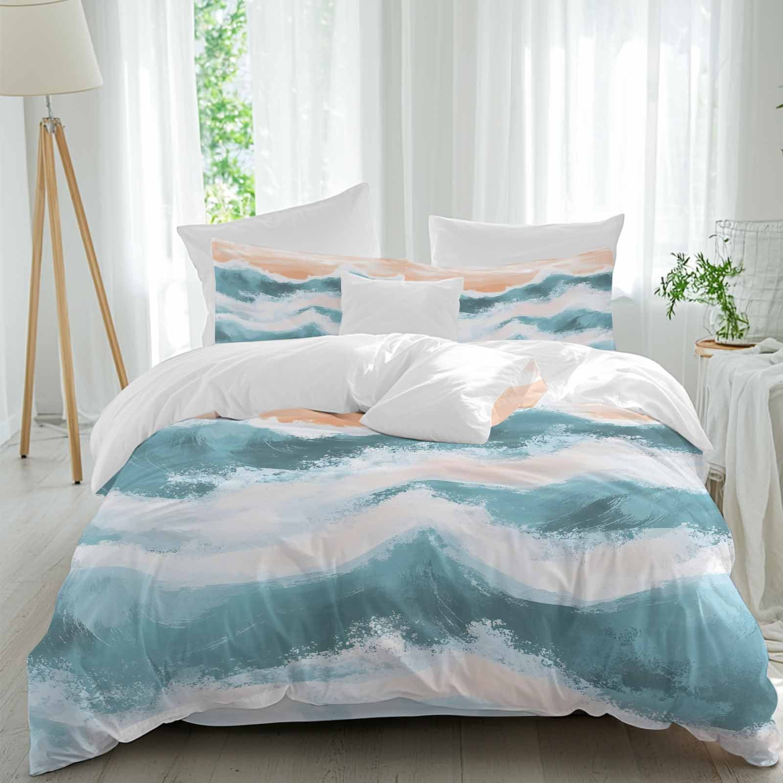 Abstract Ocean Duvet Cover Set Twin Size, Wave Teal Blue Gradient ...