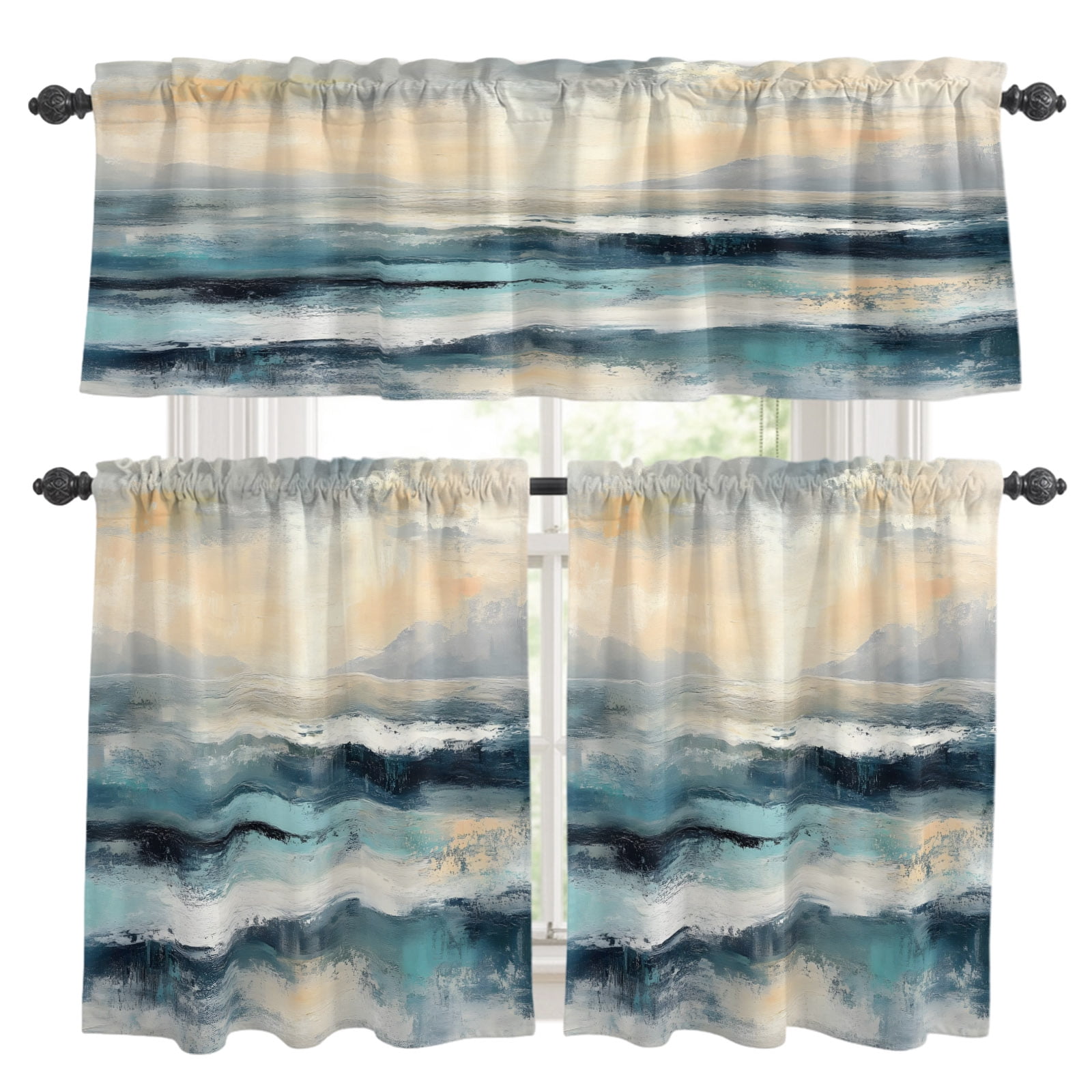 Abstract Ocean Kitchen Curtains Set for Windows, Beach Oil Painting ...