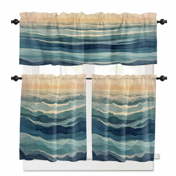 Abstract Ocean Kitchen Curtains Valance and Tier Set Dark Blue Ripple ...