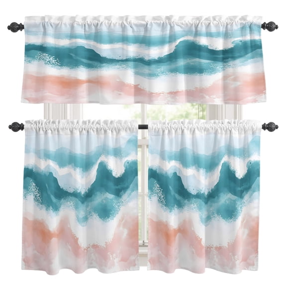 Abstract Ocean Kitchen Curtains Valance and Tier Set Wave Orange Teal ...
