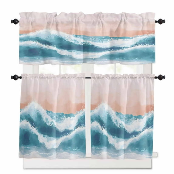 Abstract Ocean Kitchen Curtains Valance and Tier Set Wave Teal Orange ...