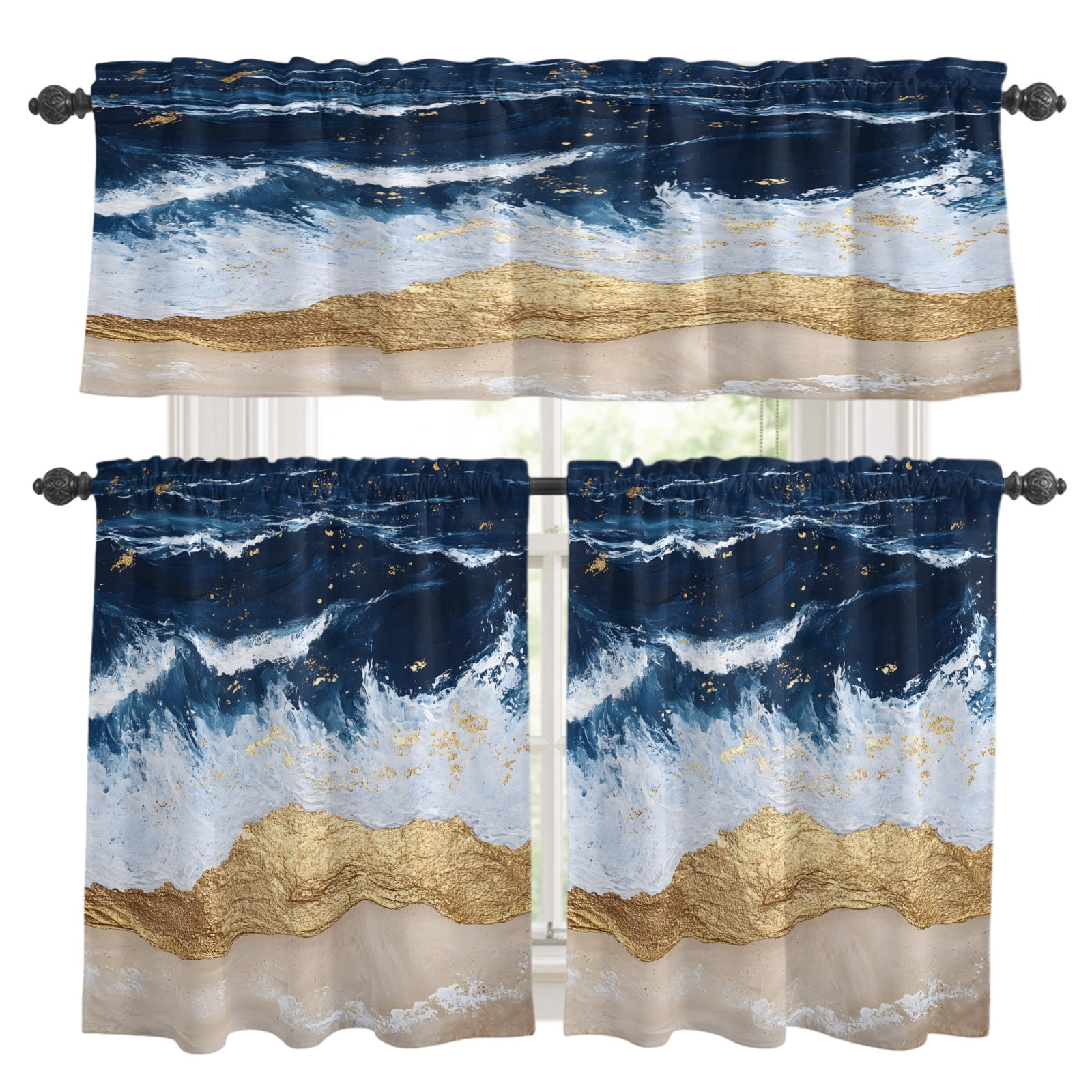 Abstract Ocean Kitchen Curtains Valance and Tier Set Wave Texture Blue ...