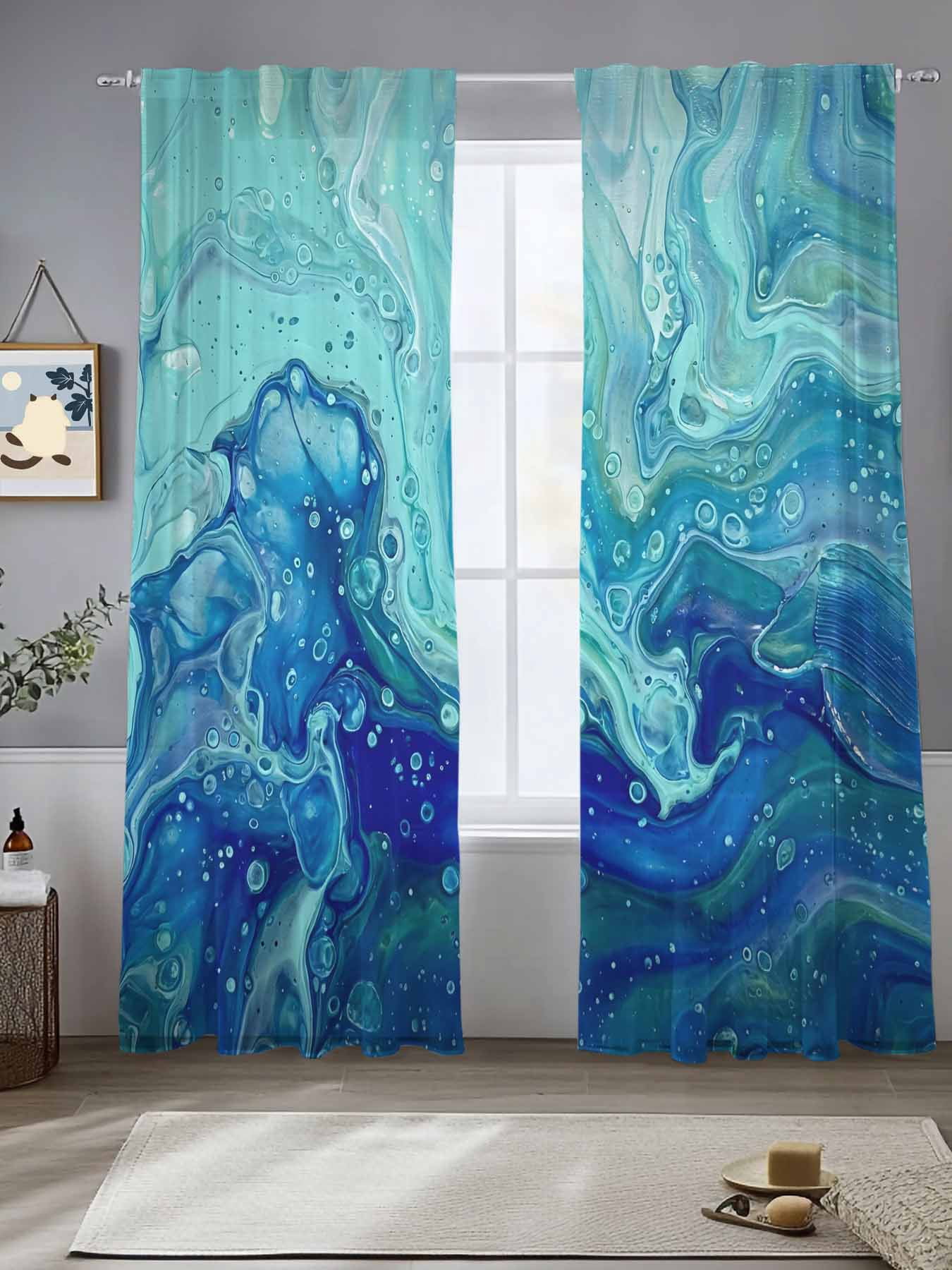 Abstract Ocean Marble Texture Chiffon Sheer Curtains 84 Inches Long ...