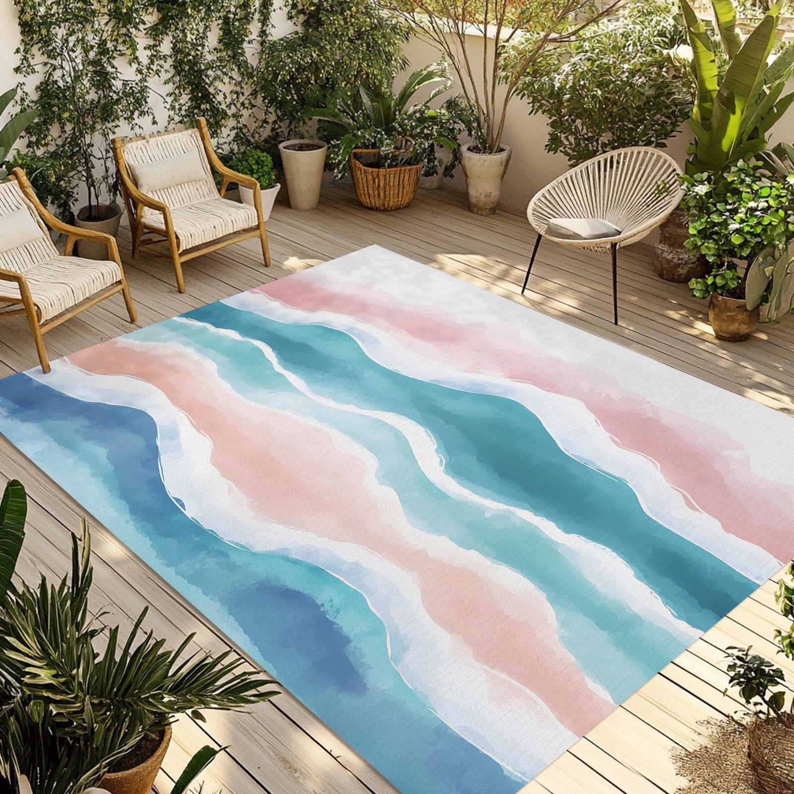 Abstract Ocean Outdoor Rug, Wave Teal Orange Ombre Ripple Modern Art ...