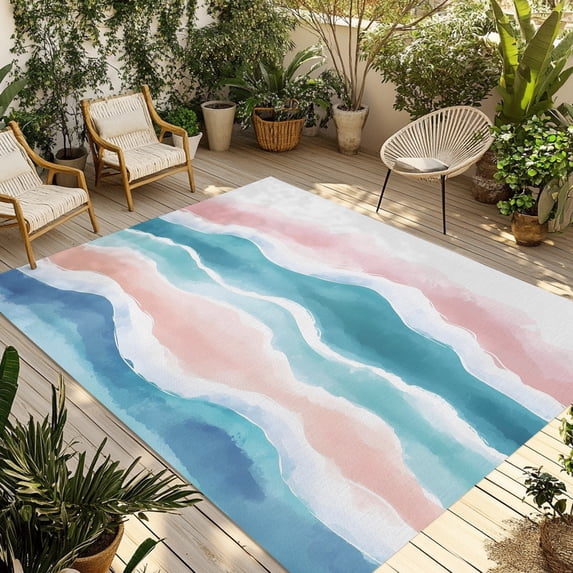 Abstract Ocean Outdoor Rug, Wave Teal Orange Ombre Ripple Modern Art ...