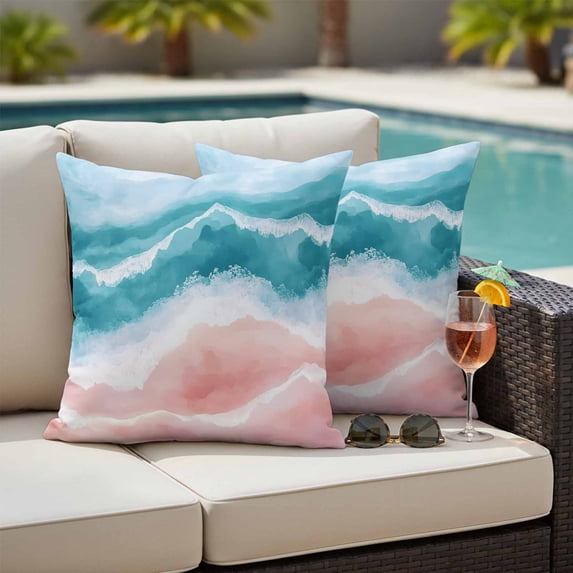 Abstract Ocean Outdoor Throw Pillow Covers Set of 2, Wave Pink Teal ...