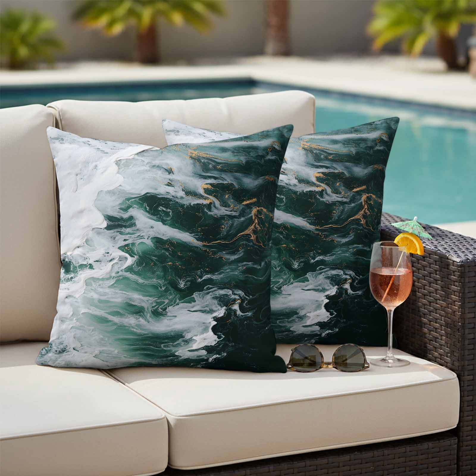 Abstract Ocean Outdoor Throw Pillow Covers Set of 2, Wave Texture Green ...
