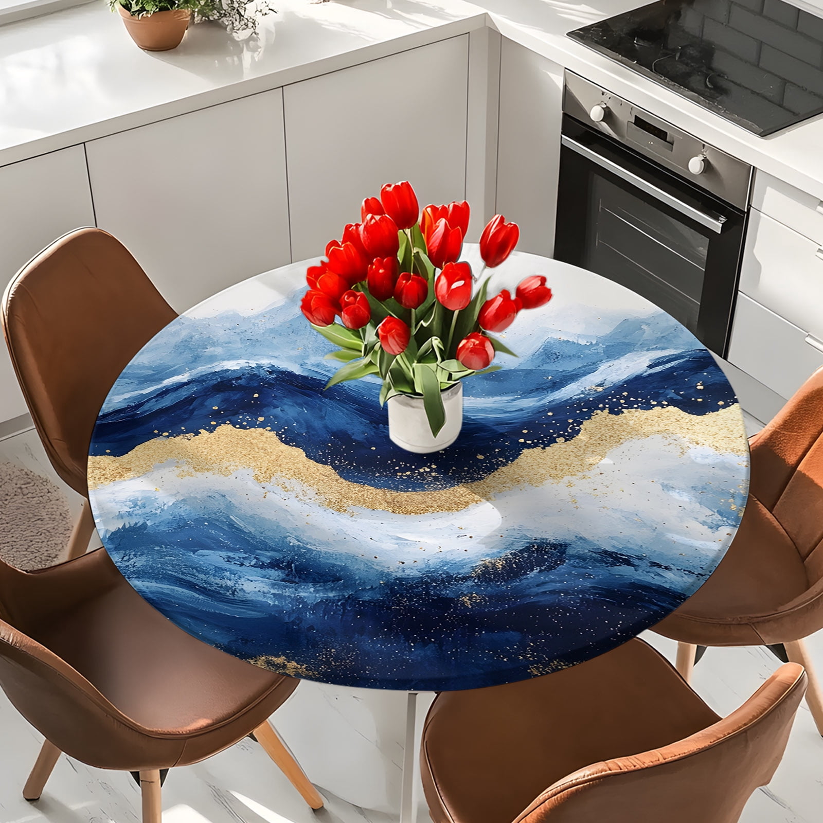 Abstract Ocean Rough Sea Round Fitted Tablecloth with Elastic Edge ...