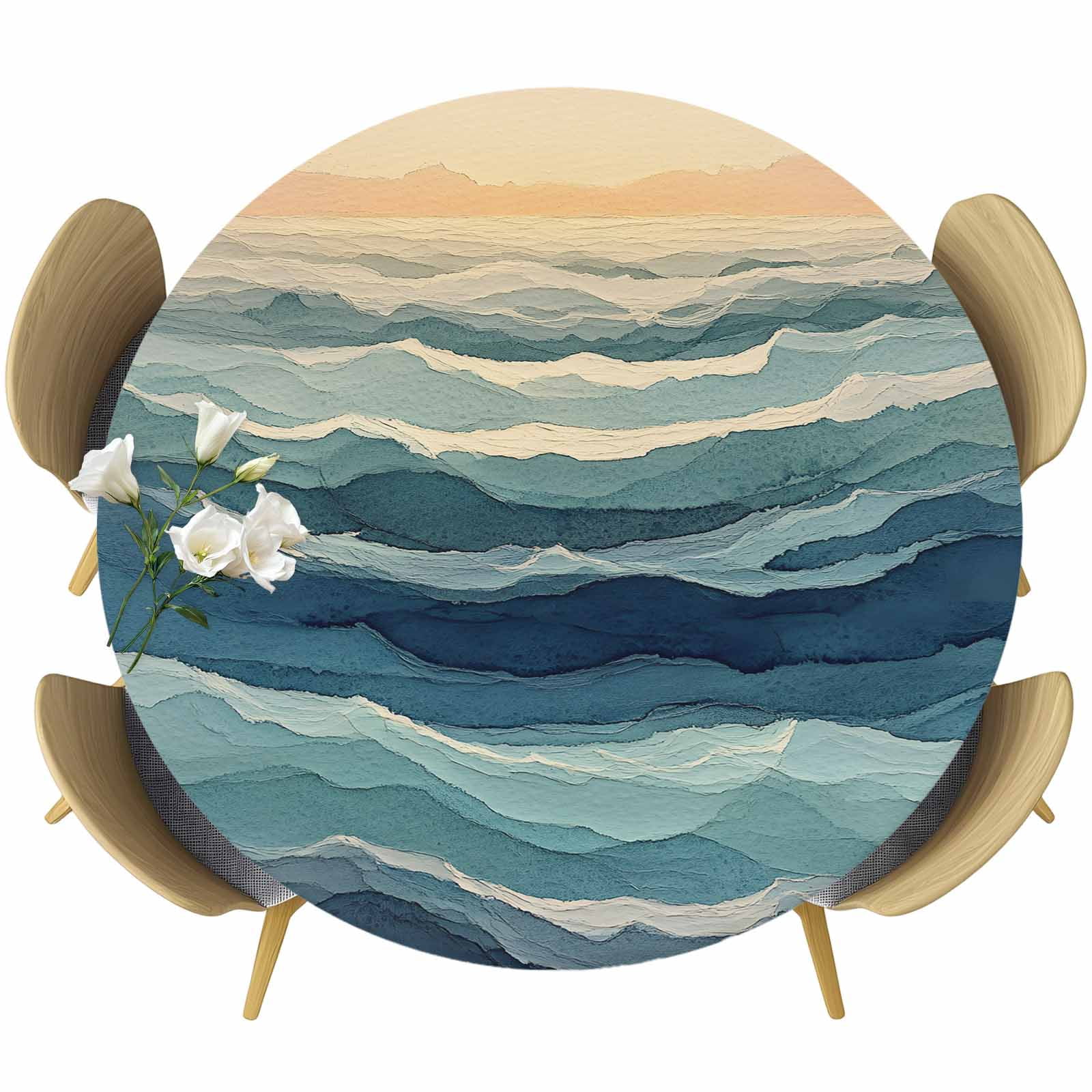 Abstract Ocean Round Fitted Table Cover Dark Blue Ripple Sunset Minimalist Art Waterproof Table ...