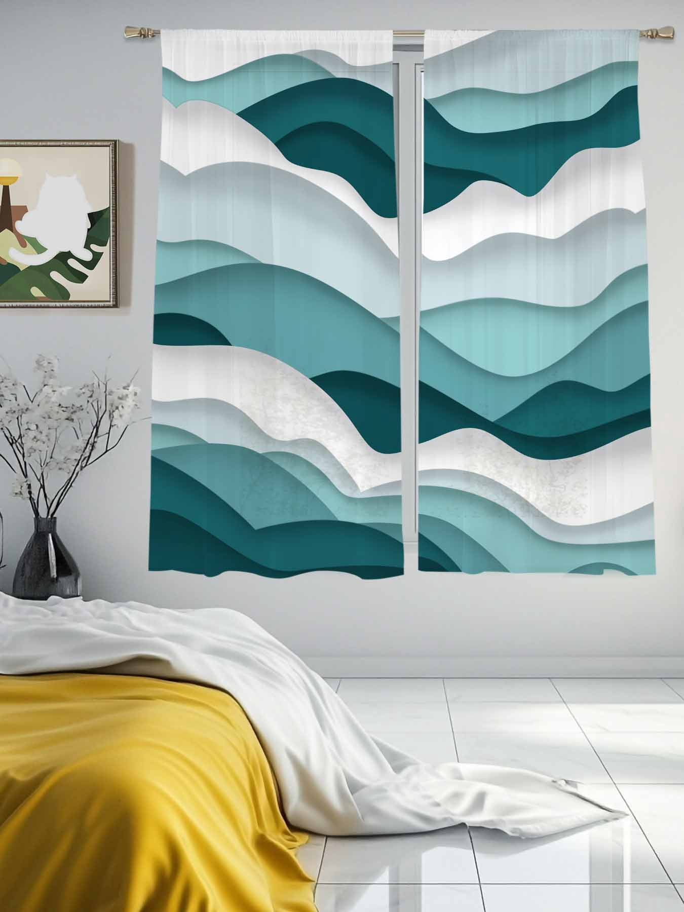 Abstract Ocean Sea Wave Chiffon Sheer Curtains 63 Inches Long Turquoise ...