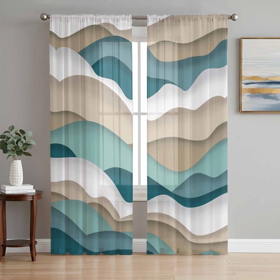 Abstract Ocean Sea Wave Chiffon Sheer Curtains 84 Inches Long, Teal ...