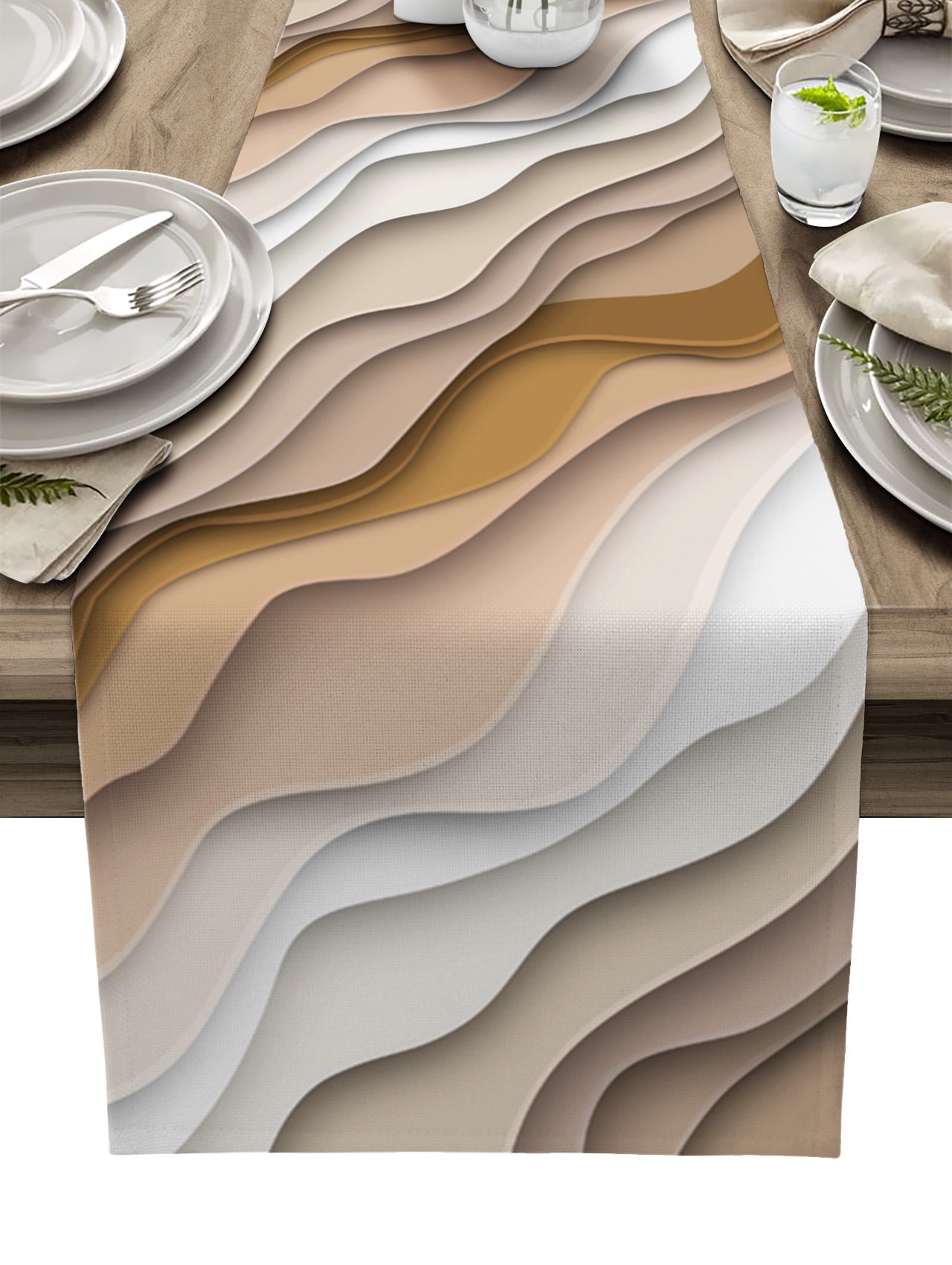 Abstract Ocean Seawaves, Table Runner Modern Ombre Brown White ...