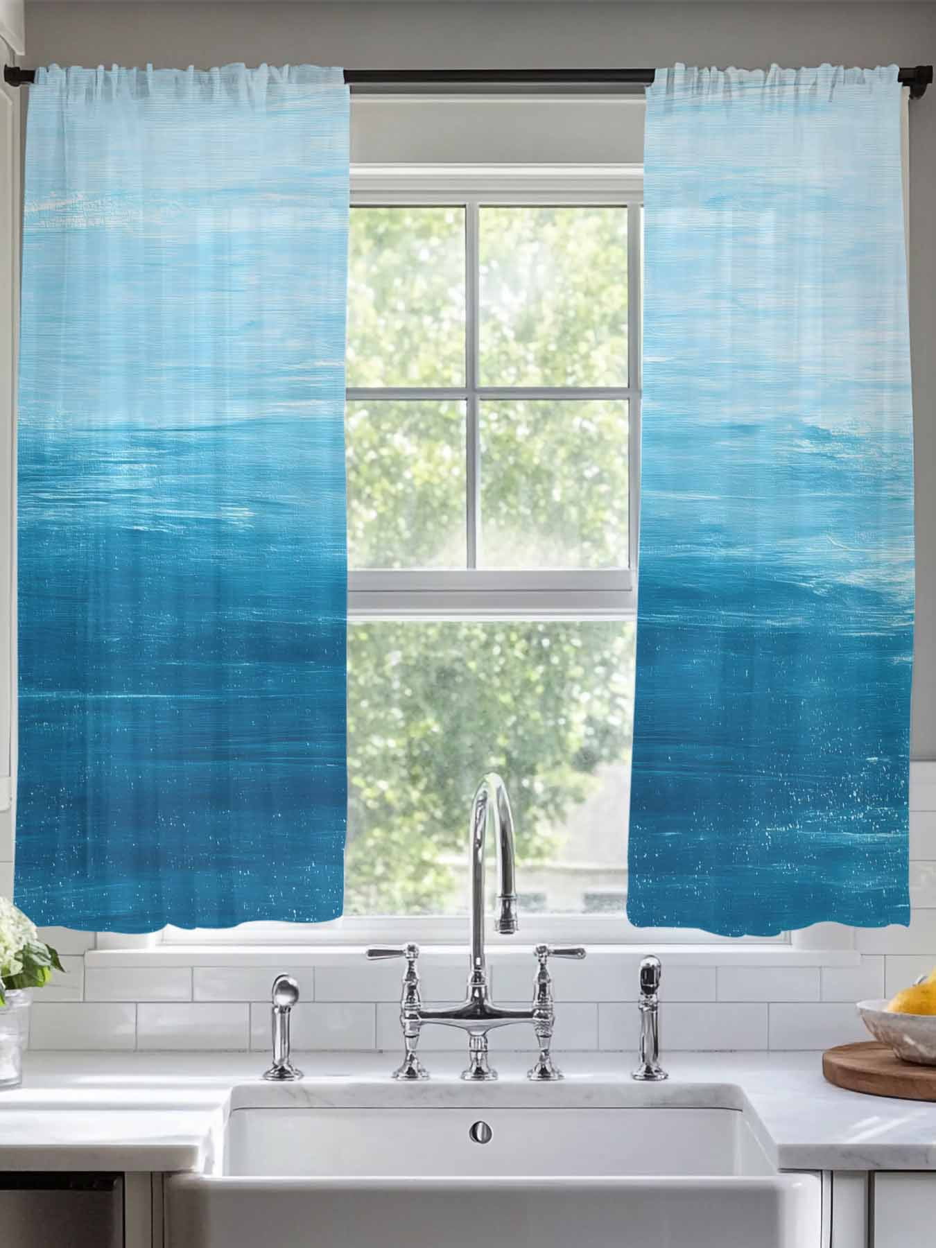 Abstract Ocean Sheer Curtains 63 Inches Long 2 Panels Sky Blue Gradient ...