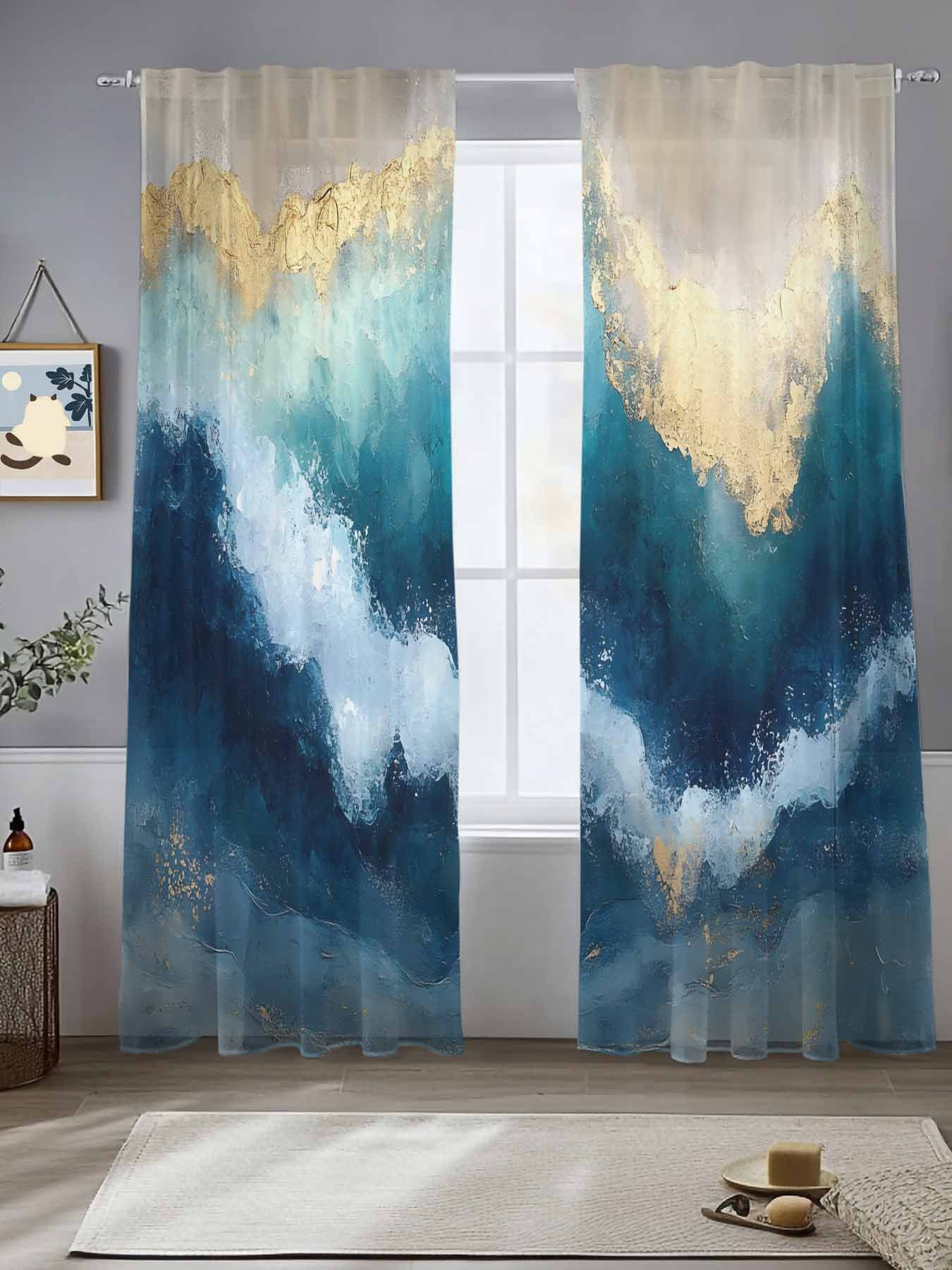Abstract Ocean Sheer Curtains 96 Inches Long 2 Panels Blue Gold Oil ...