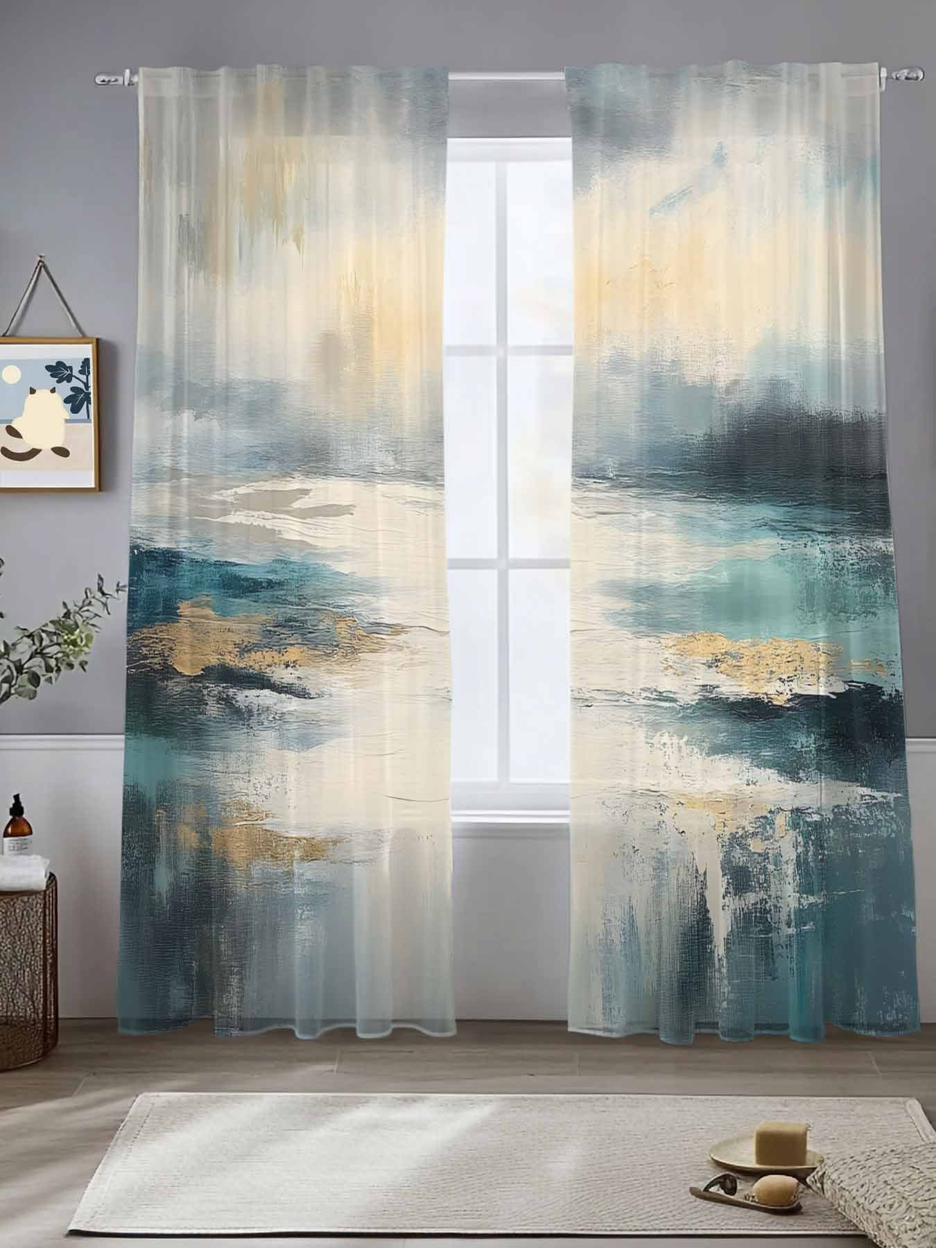 Abstract Ocean Sheer Curtains 96 Inches Long 2 Panels Wave Oil Painting ...