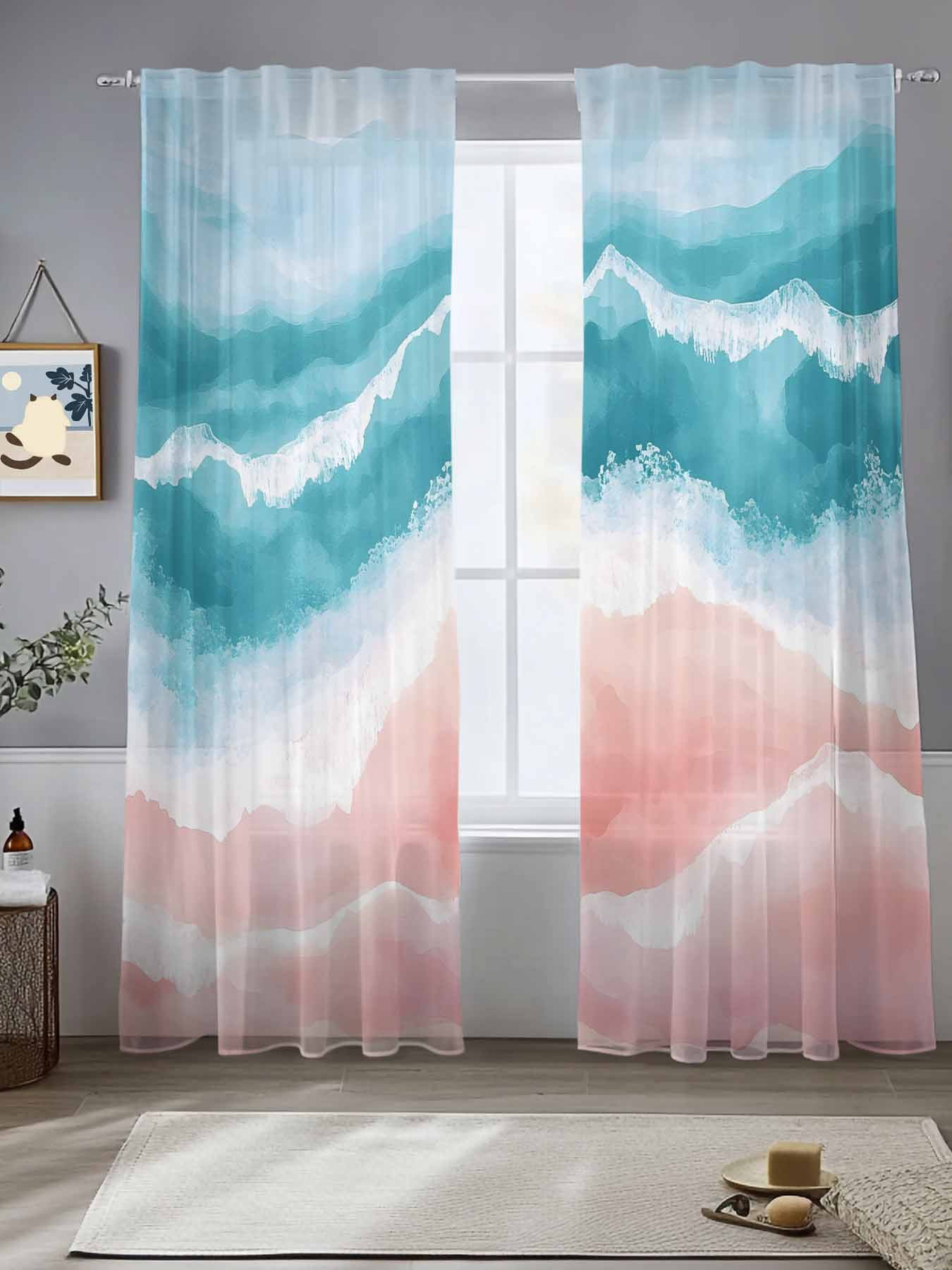 Abstract Ocean Sheer Curtains 96 Inches Long 2 Panels Wave Pink Teal ...