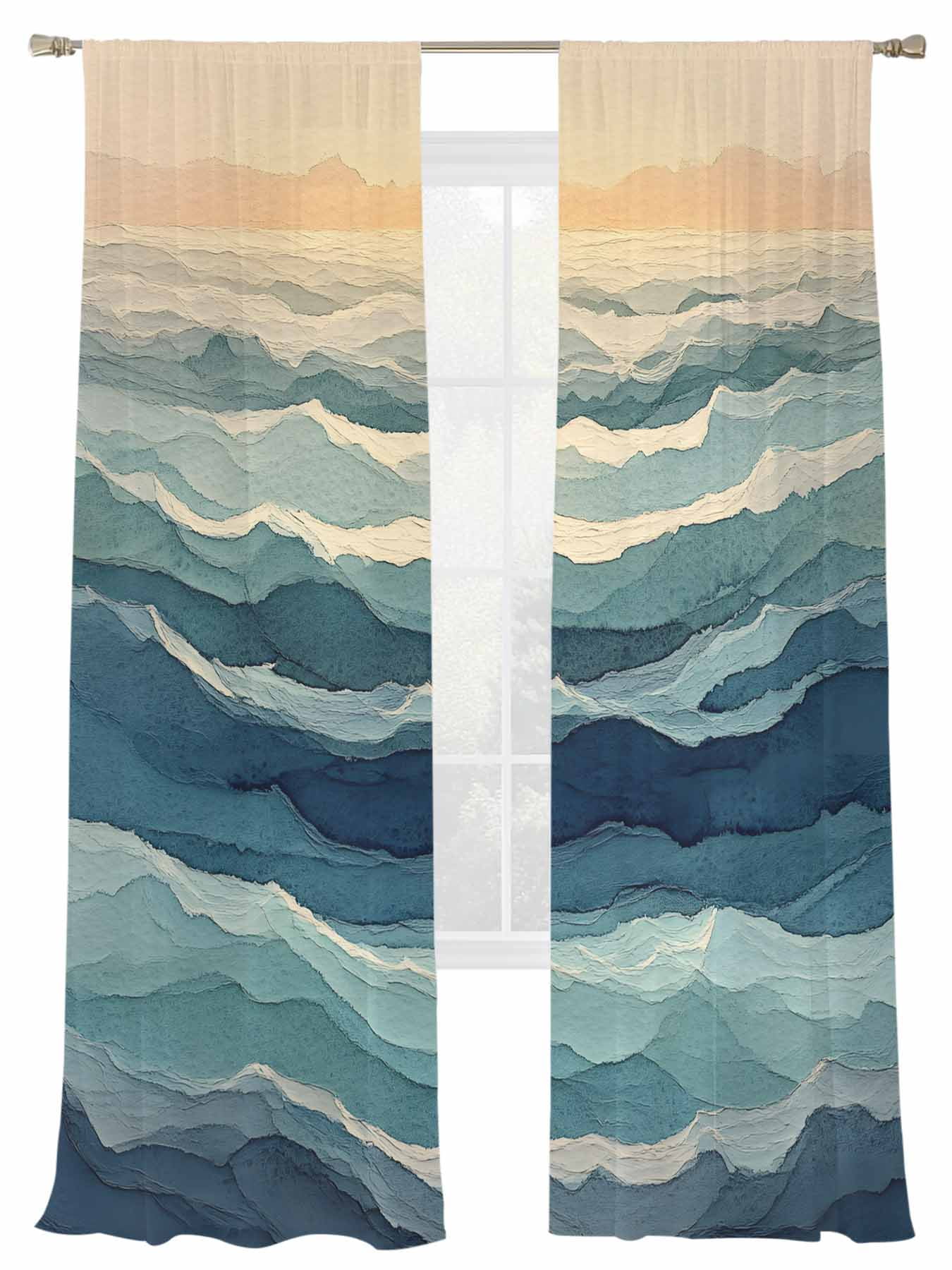 Abstract Ocean Sheer Curtains for Living Room Bedroom, Light-filtering Sheer Curtain, Dark Blue ...