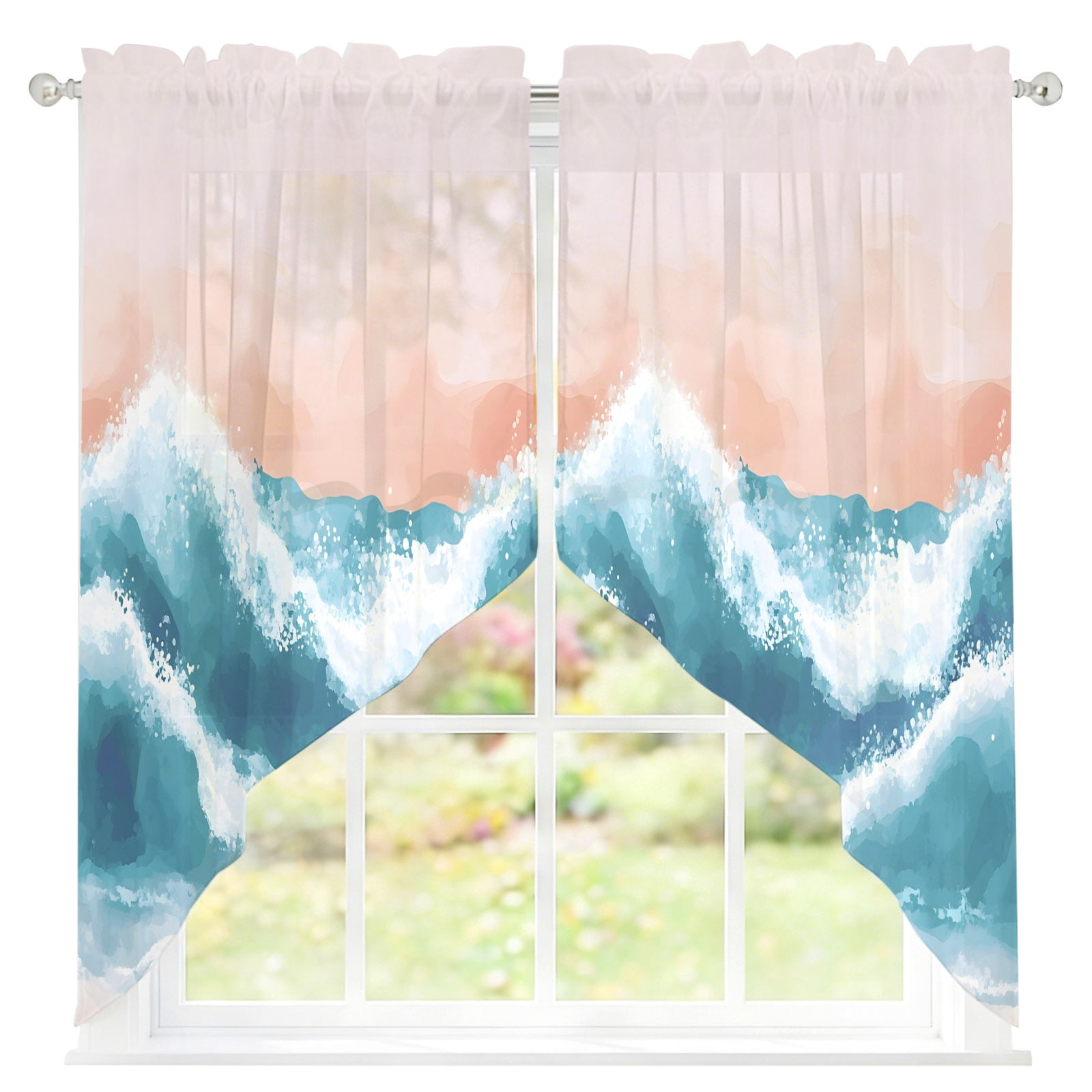 Abstract Ocean Sheer Curtains Swag Valances for Windows Wave Teal ...