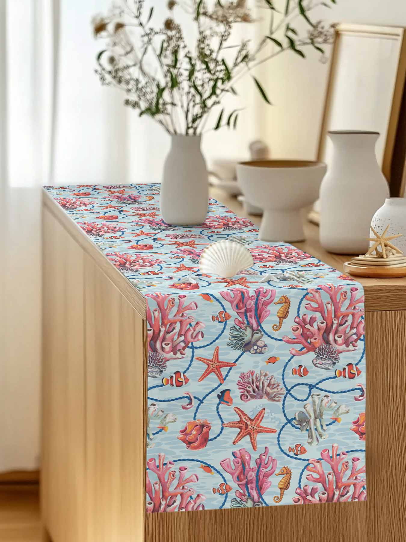 Abstract Ocean Starfish Coral Seashell Table Runner 13x48in Non-Slip ...