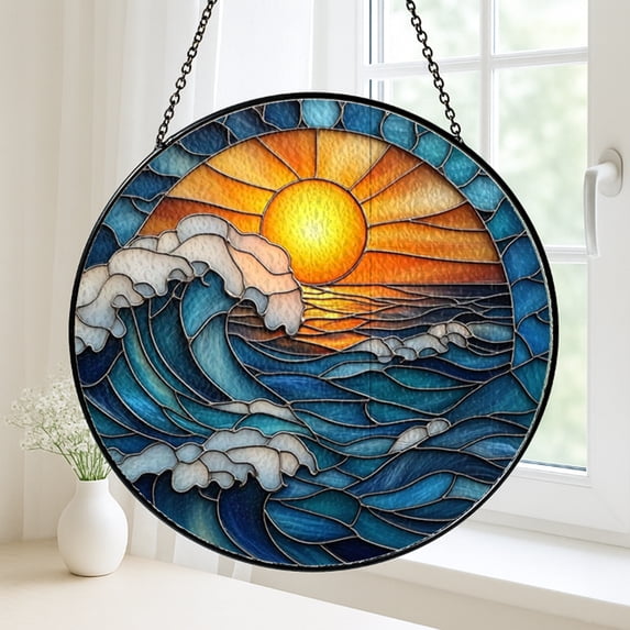 Abstract Ocean Sunset Glass Suncatcher Window Hanging, Stained Glass ...