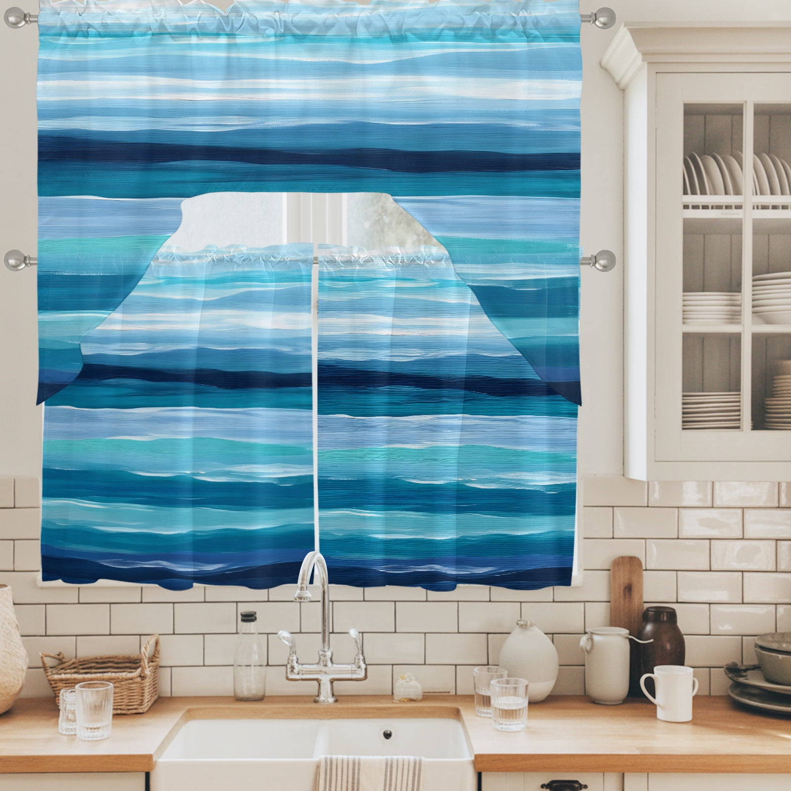 Abstract Ocean Swag Curtains Valance and Tier Set, Watercolor Ombre ...