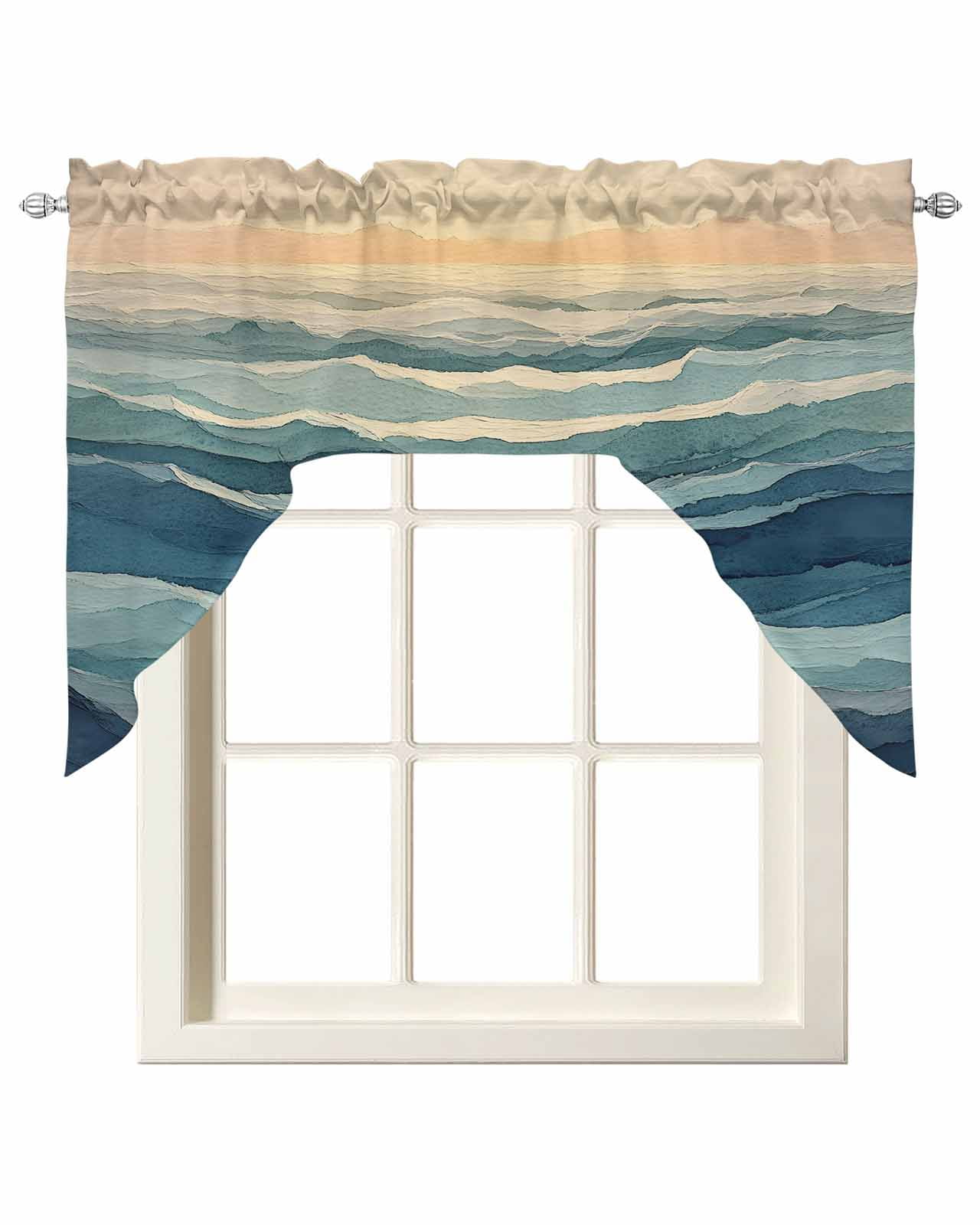 Abstract Ocean Swag Valance and Tier Curtains Set Dark Blue Ripple ...