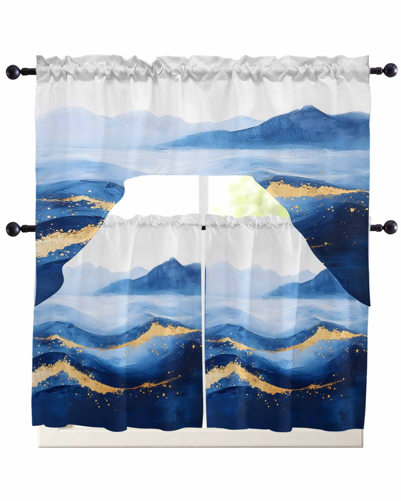 Abstract Ocean Swag Valance and Tier Curtains Set Gradient Blue White ...