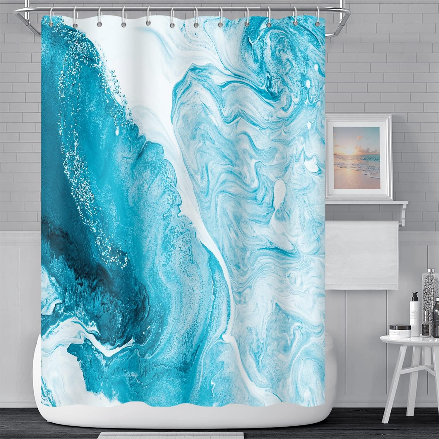 Abstract Ocean Theme Shower Curtain for Bathroom Gradient Blue Ocean ...