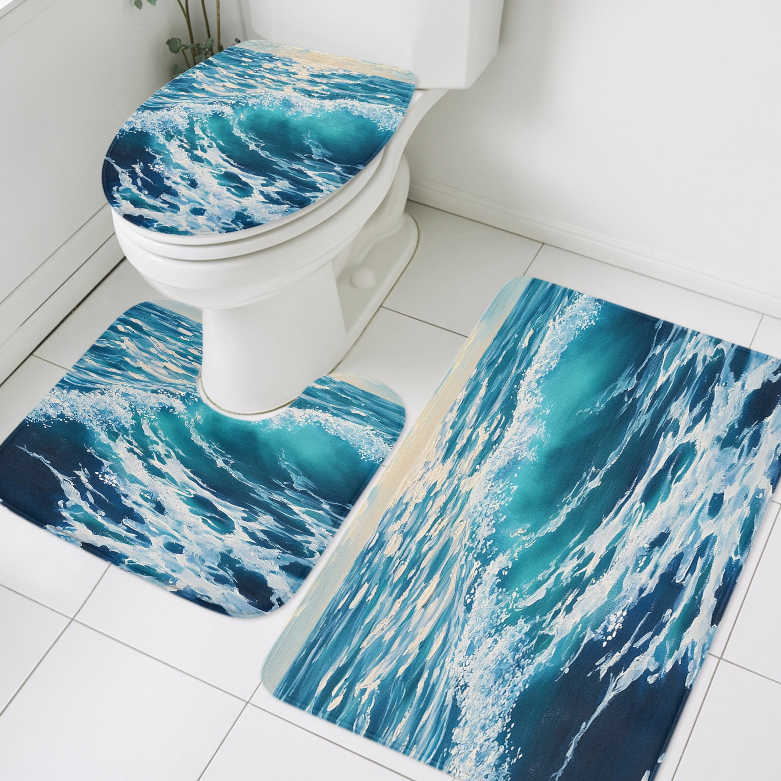 Abstract Ocean Wave Bathroom Rugs Set Impressionist Blue Marine Non ...